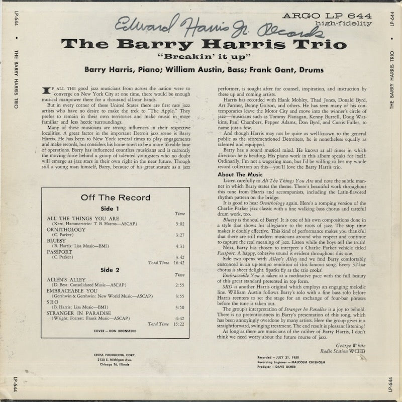 Barry Harris Trio / バリー・ハリス / Breakin' It Up (LP-644) – VOXMUSIC WEBSHOP
