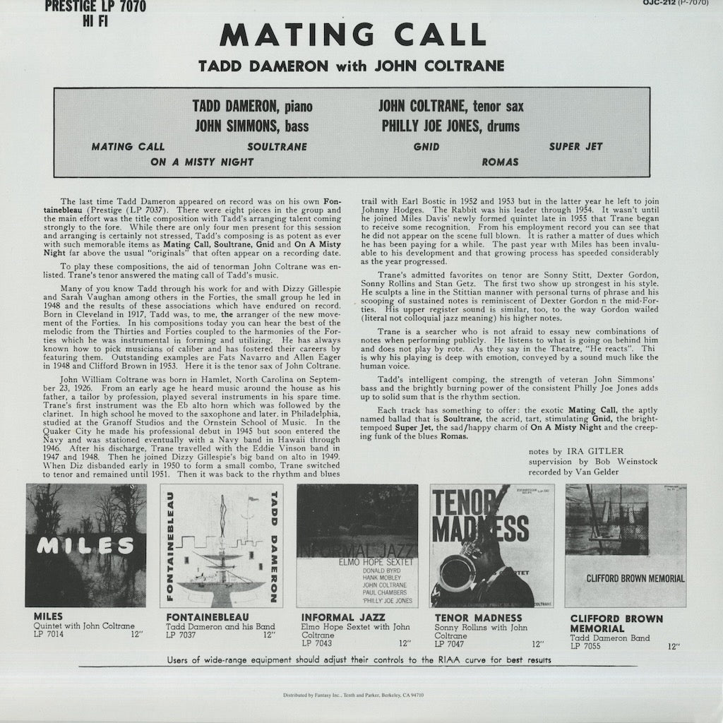 Tadd Dameron With John Coltrane / タッド・ダメロン ジョン・コルトレーン / Mating Call (O – VOXMUSIC WEBSHOP