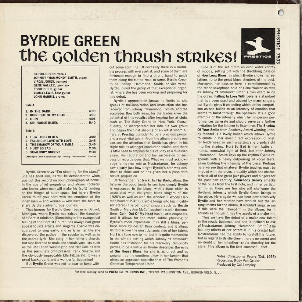 Byrdie Green - The Golden Thrush Strikes! LP 1966 US Prestige ジョニー・ハモンド ...
