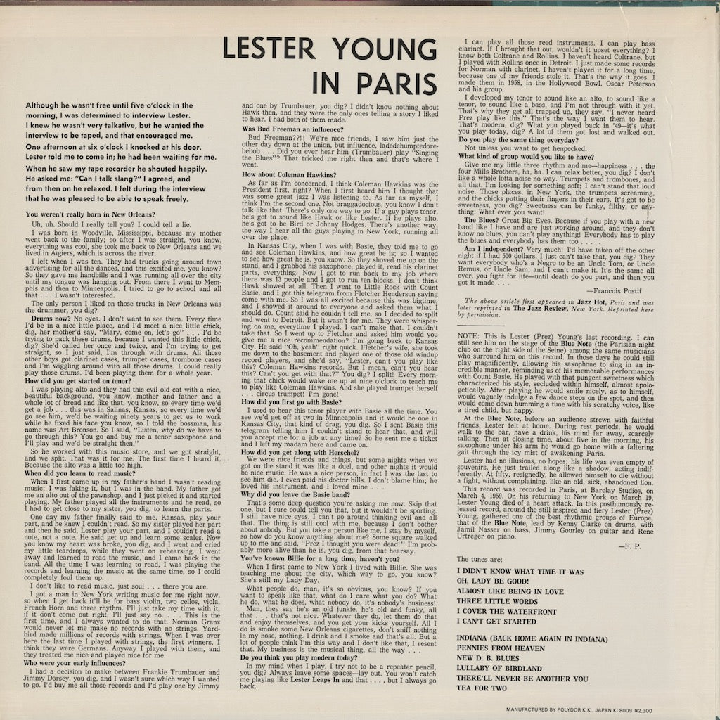 Lester Young / レスター・ヤング / Lester Young In Paris (MV 2698) – VOXMUSIC WEBSHOP
