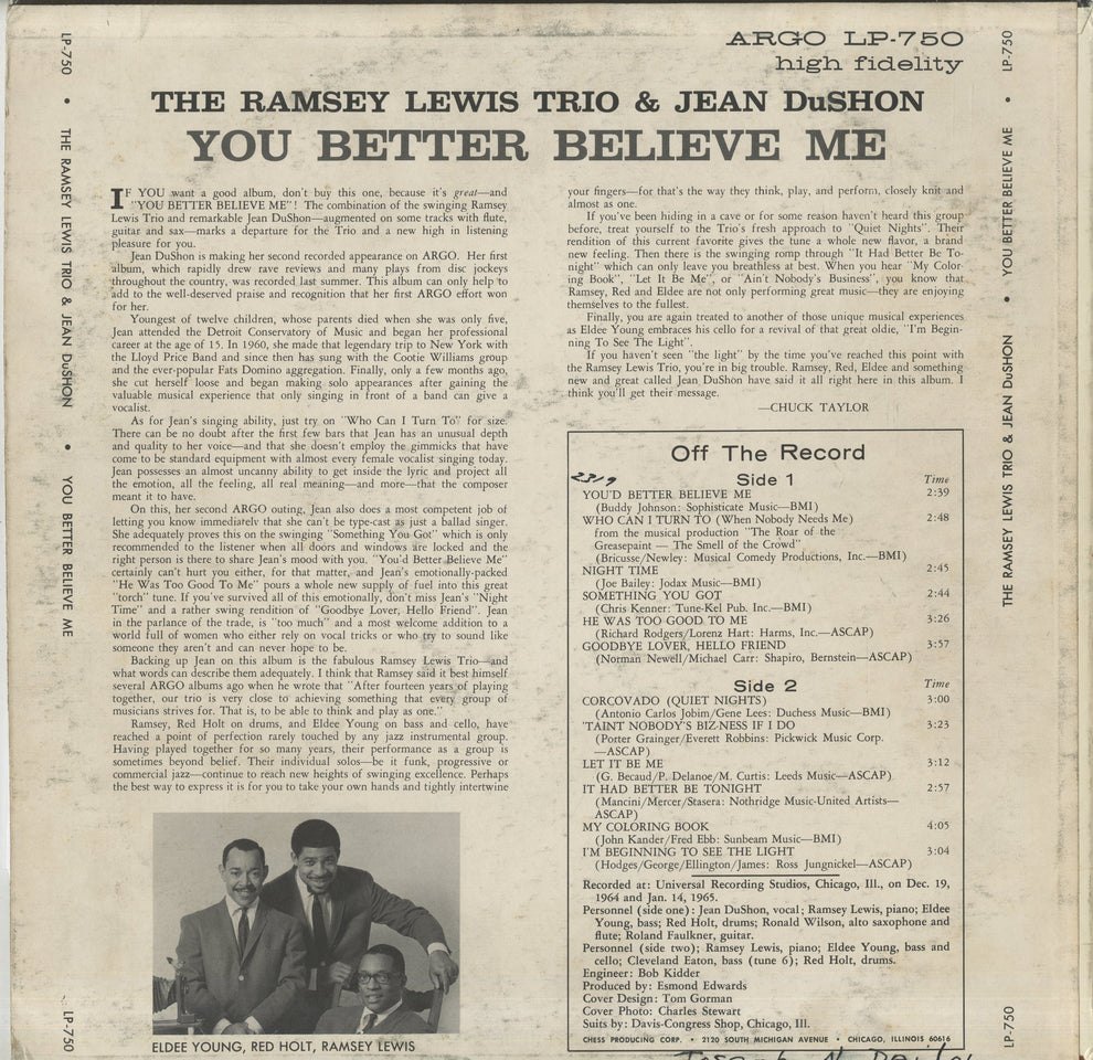 The Ramsey Lewis Trio + Jean DuShon / ラムゼイ・ルイス / You Better Believe Me ...