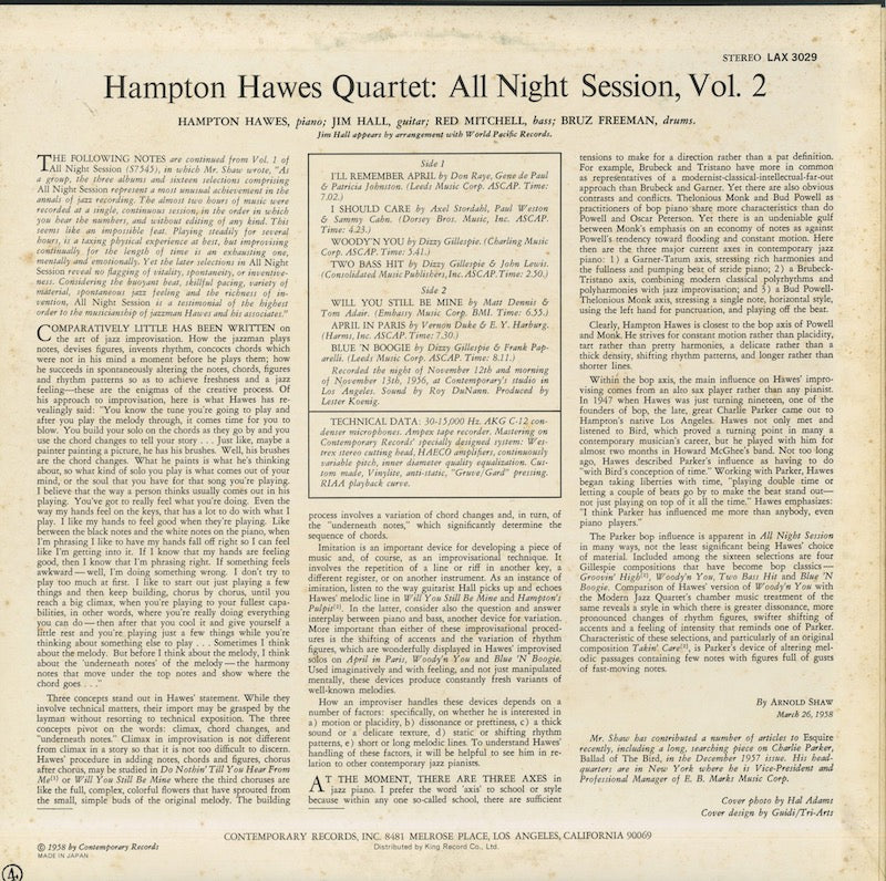 Hampton Hawes / ハンプトン・ホーズ / All Night Session! VOL.2 (LUX 3029) – VOXMUSIC WEBSHOP